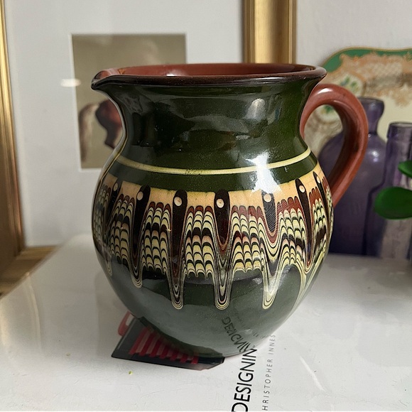 Dining | Vintage Bulgarian Pottery Green Drip Ware Jug Pitcher | Poshmark